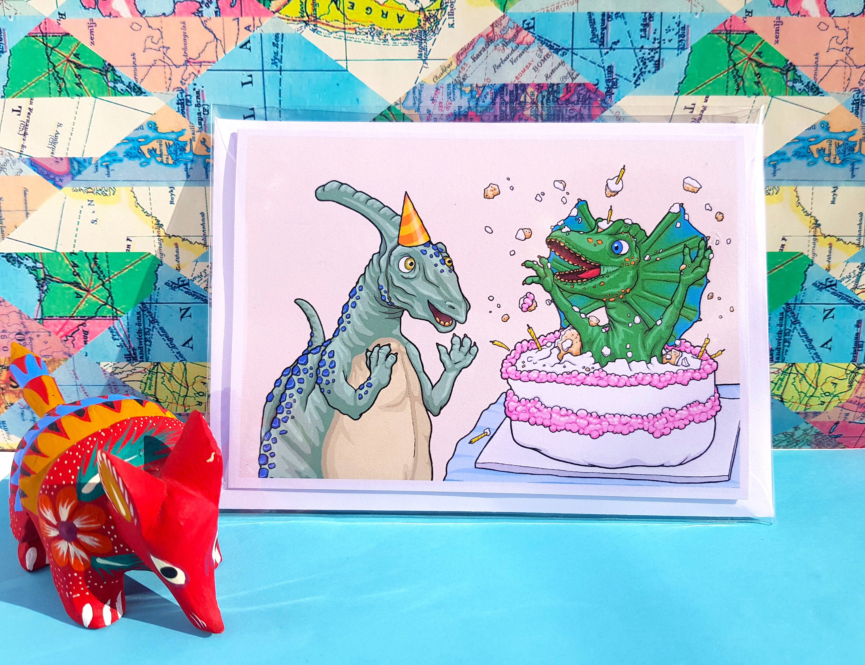 Dinosaur Birthday Card | Cartoon Dinosaur | Handmade Greetings Card ...