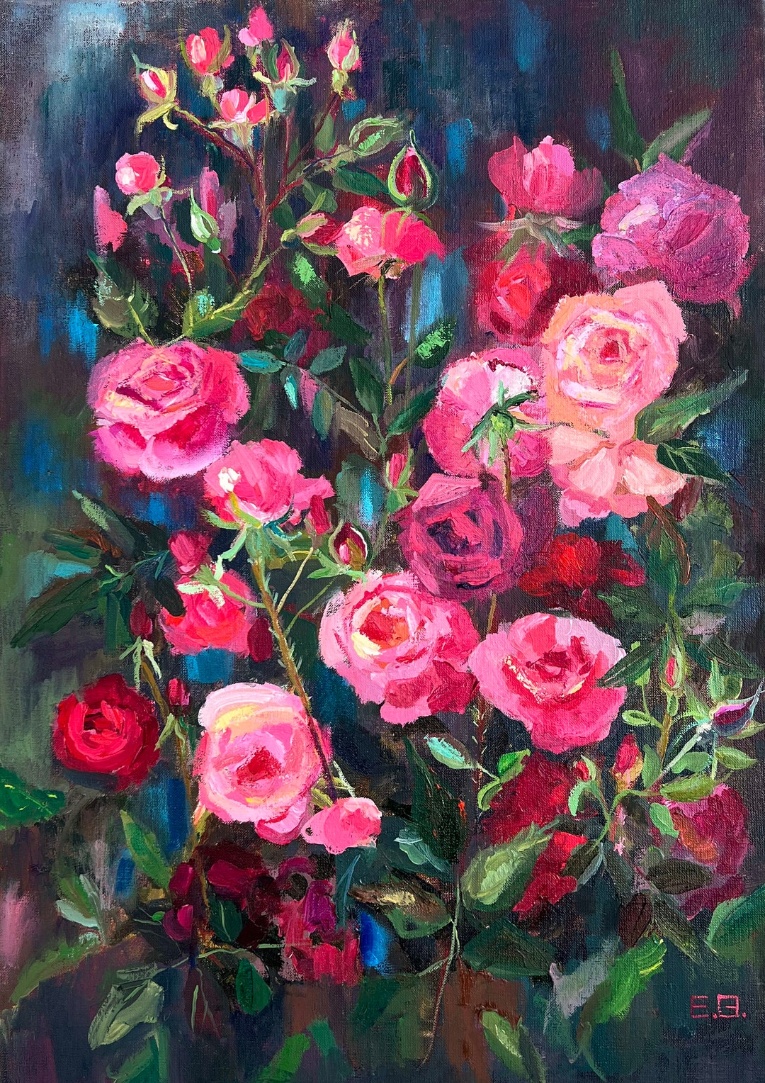 RESERVED Pink Roses Bush Oil Painting Original Garden Flowers Floral ...