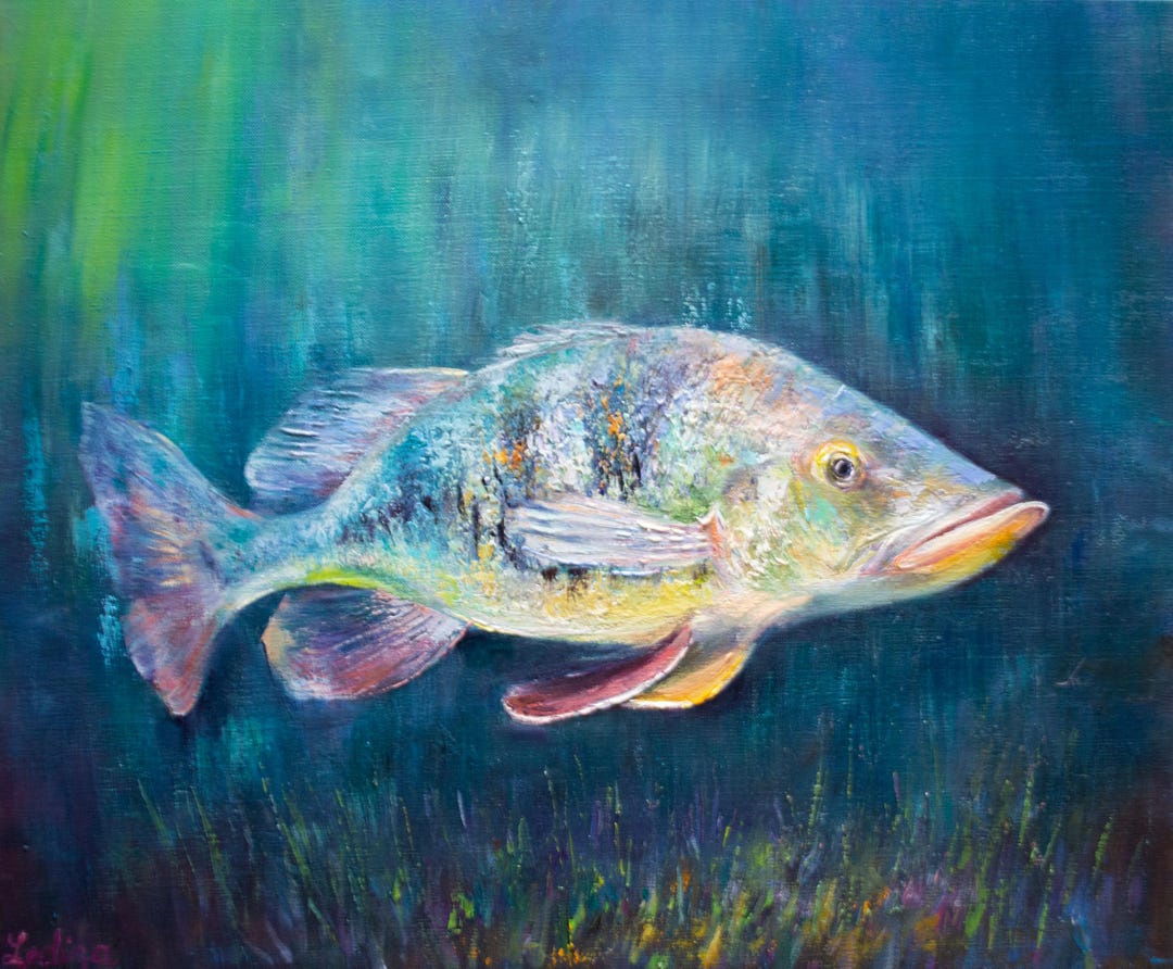 Bass Fish Painting Original Canvas Oil Underwater Colorful Bright ...