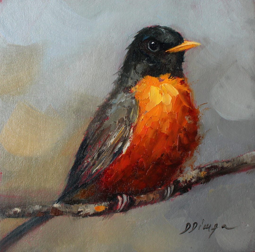 Robin Bird Oil Original Painting on Cardboard Texture Art by Daiga ...