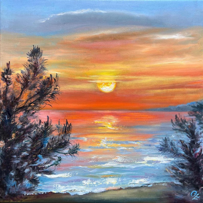 Orange Sunrise Oil Painting: Seascape Impressionist Art, 19.68" X 19.68 ...