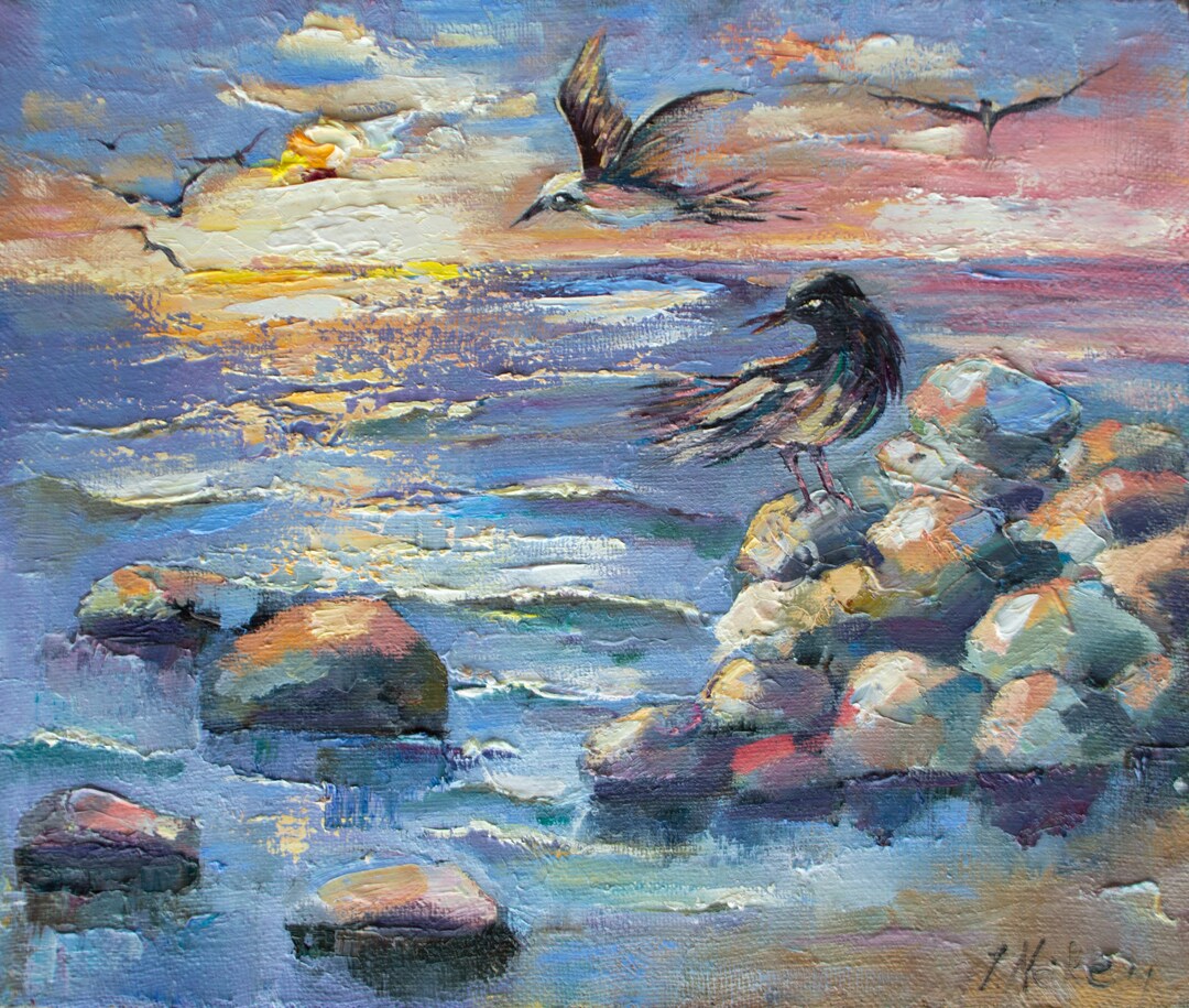 Birds Sunset Painting Original Canvas Oil Seagulls Beach Sea Colorful ...