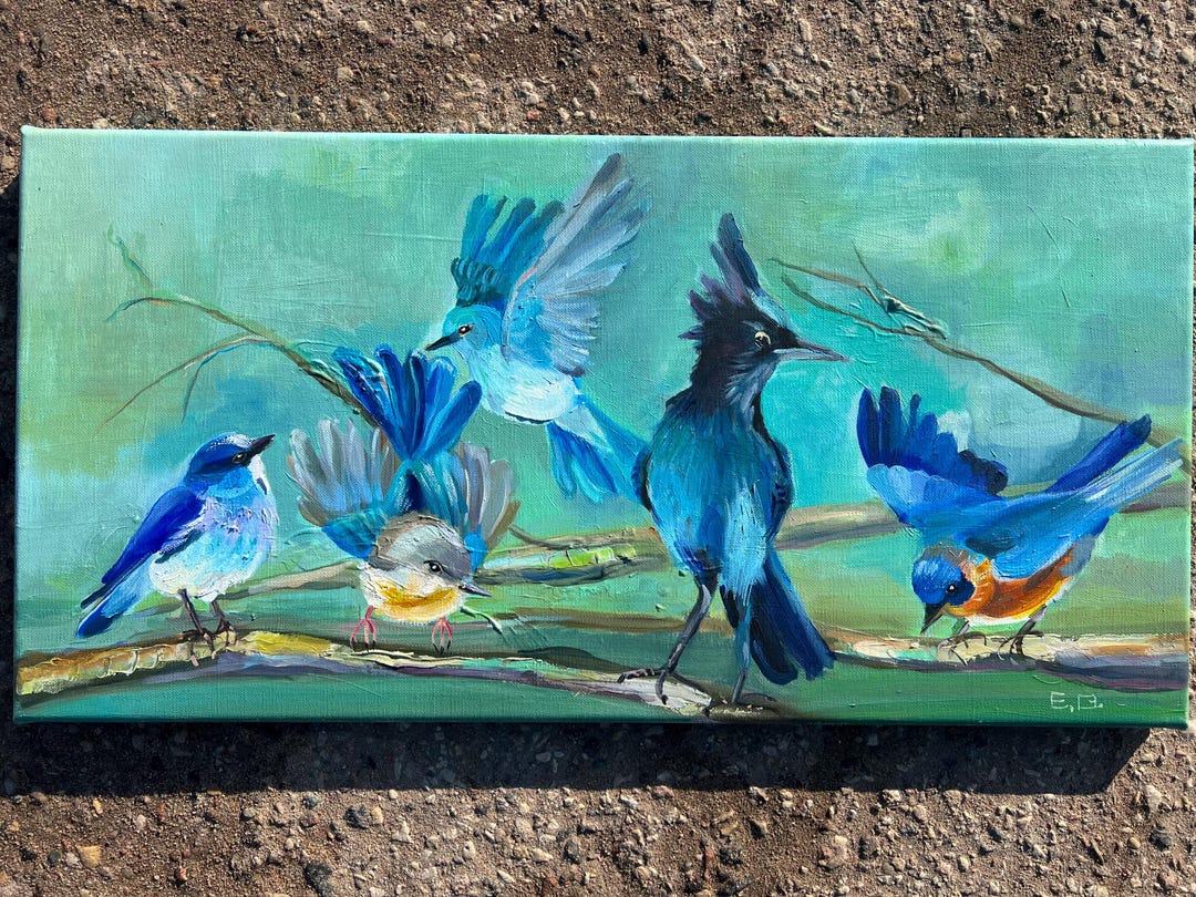 Blue Birds Original Oil Painting Bright Colorful Abstract Bird Painting ...