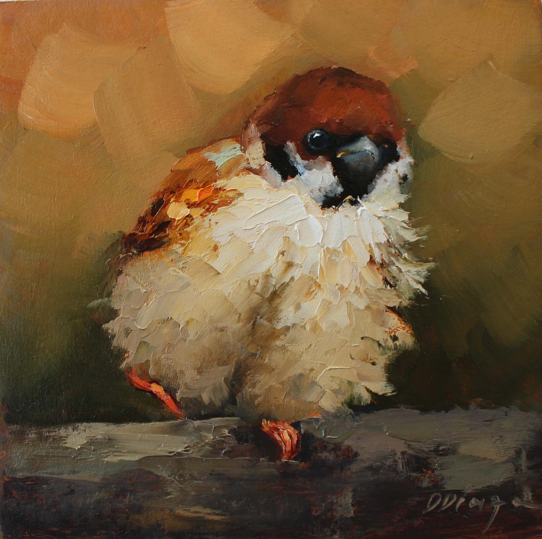 Sparrow Oil Painting by Daiga Dimza, Small Bird Art on Cardboard ...