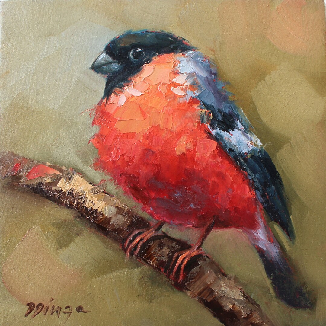 Bullfinch Oil Original Painting on Cardboard Texture Art by Daiga Dimza ...