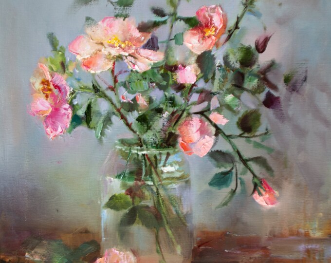 Roses Pink Original Painting Canvas Oil Still Life Texture Flowers Vase ...