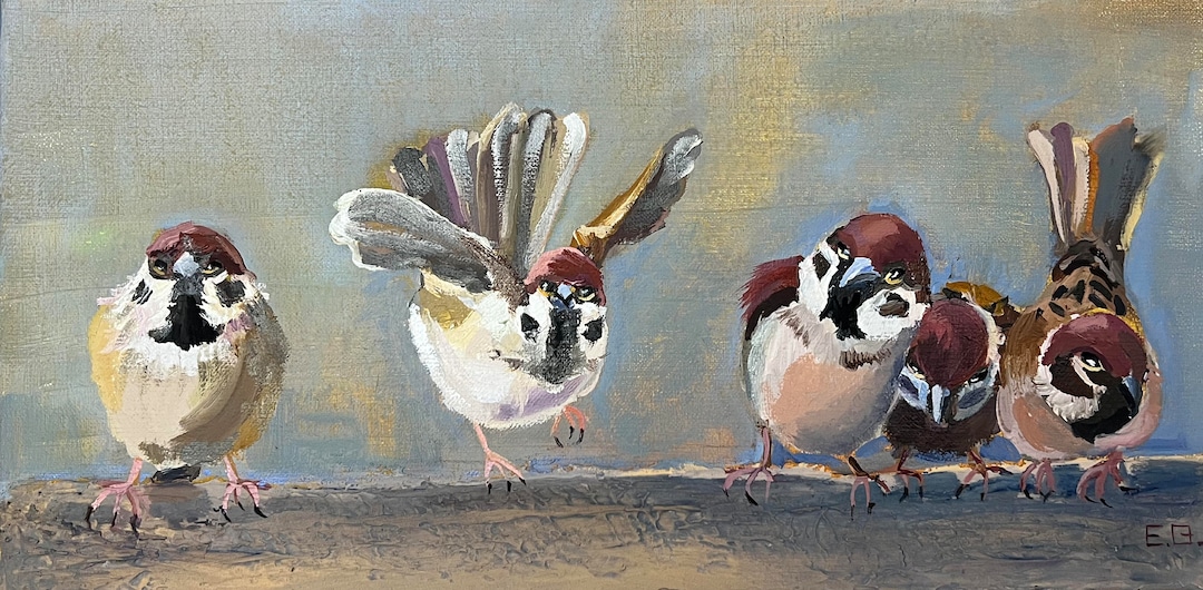 Sparrows Bird Original Oil Painting Sparrows Row on Canvas - Etsy