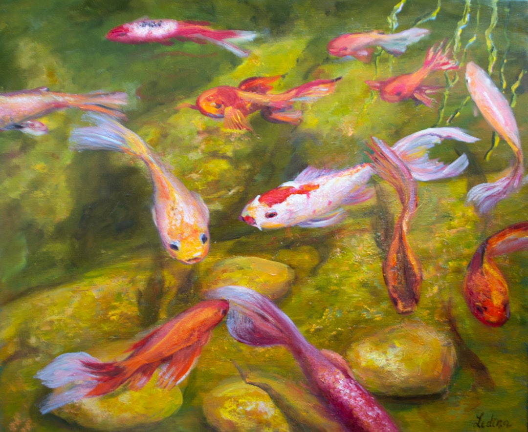 Koi Fish Pond Original Painting Oil Canvas Carps Bright Texture Wall ...