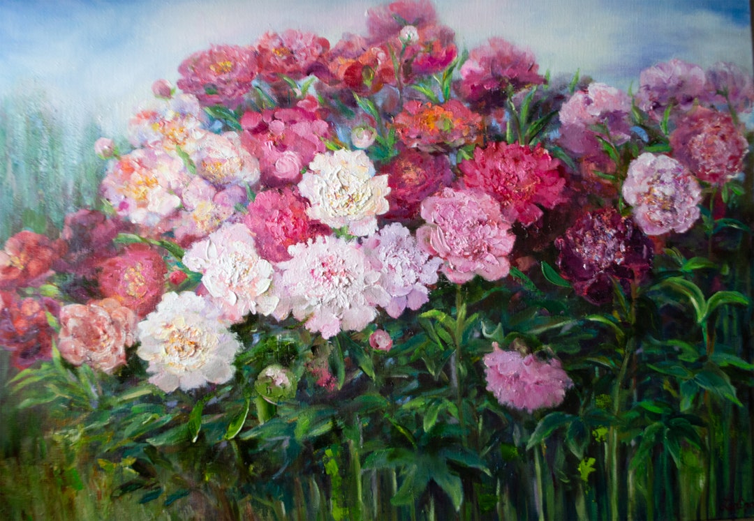 Large Peonies Oil Painting on Linen, Romantic Impressionist Floral Art ...