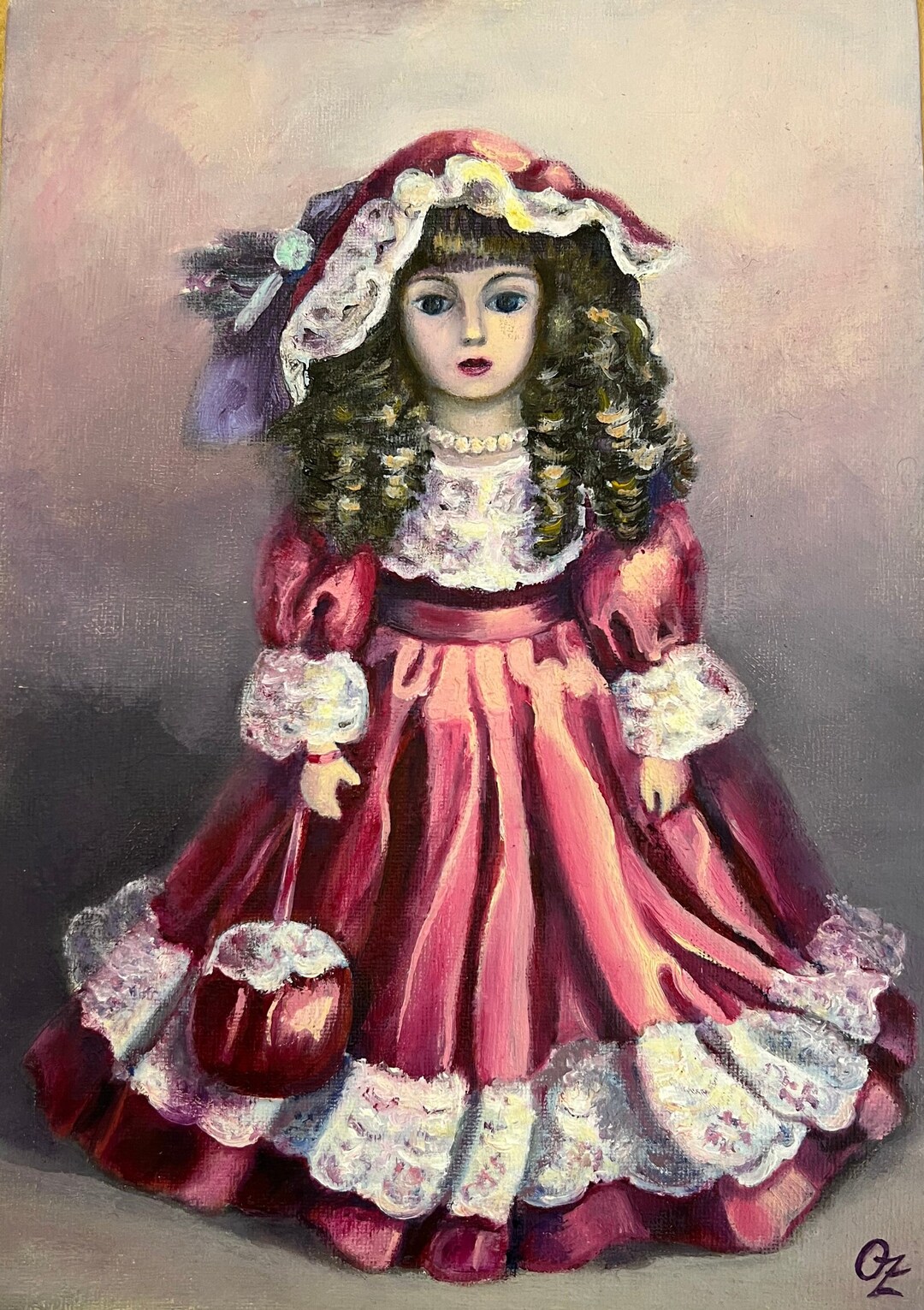 Doll Oil Painting Original Vintage Style Children Room Wall Decor Pink ...