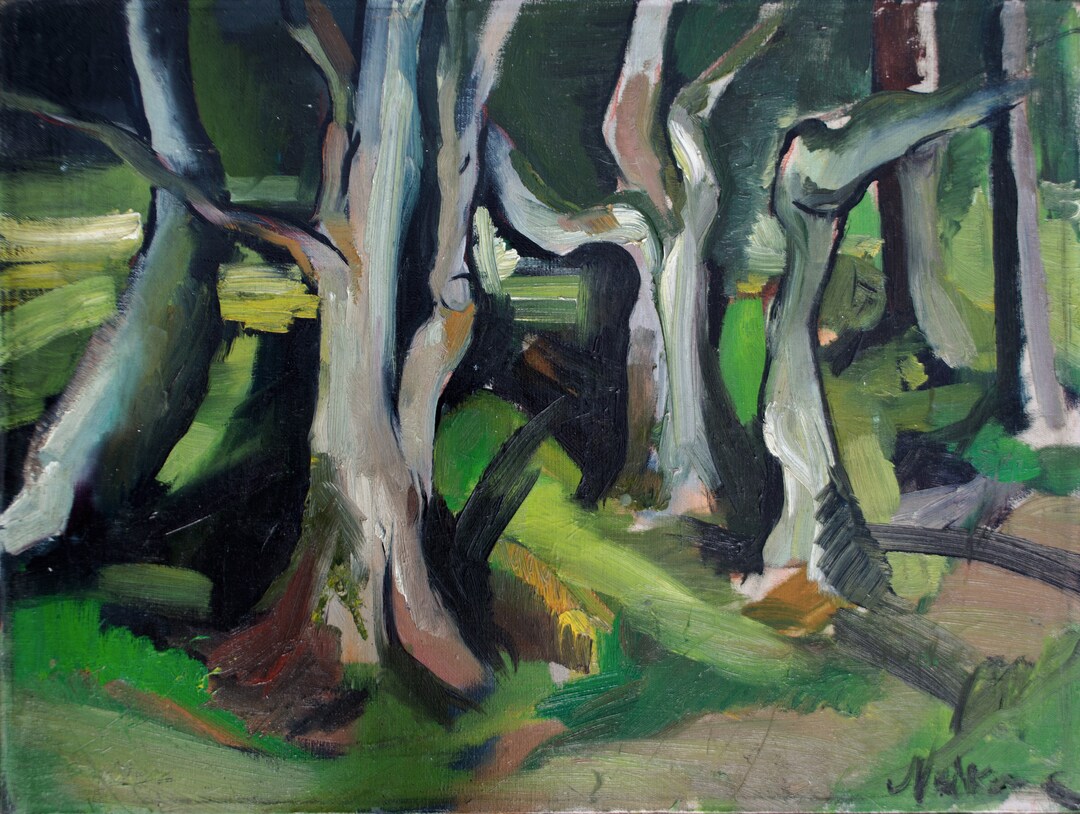 Trees Painting Oil Canvas Jungle Forest Landscape Large Bright Original ...