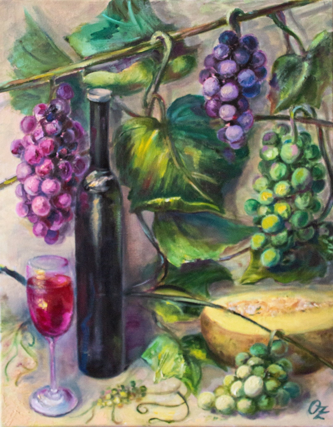 Pintura de bodegones Lienzo original Óleo Púrpura Verde Uvas Vino ...