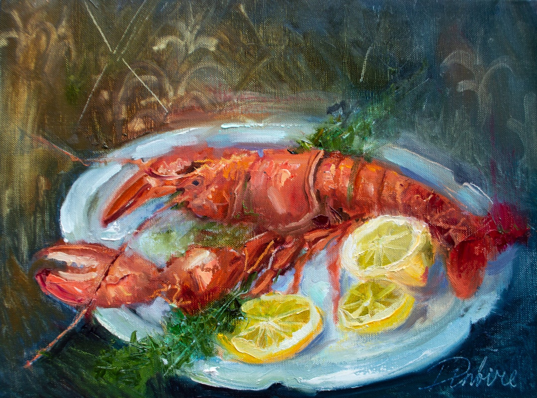 Lobster Painting Original Oil Canvas Texture Bright Art for Kitchen ...