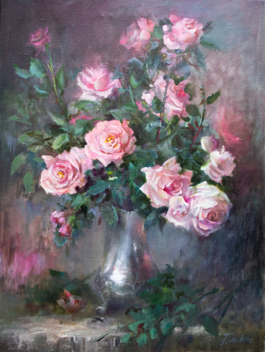 Vintage Style Roses Original Painting Oil Canvas Still Life Pink Bright ...