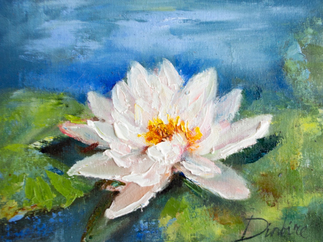 Water Lily Original Painting Oil Canvas on Cardboard Gorgeous Flower ...