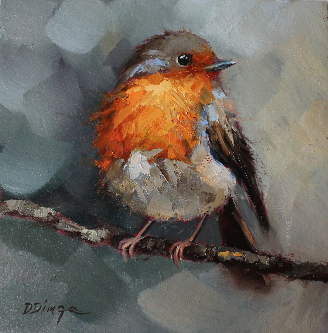 Robin Bird Oil Original Painting on Cardboard Texture Art by Daiga ...