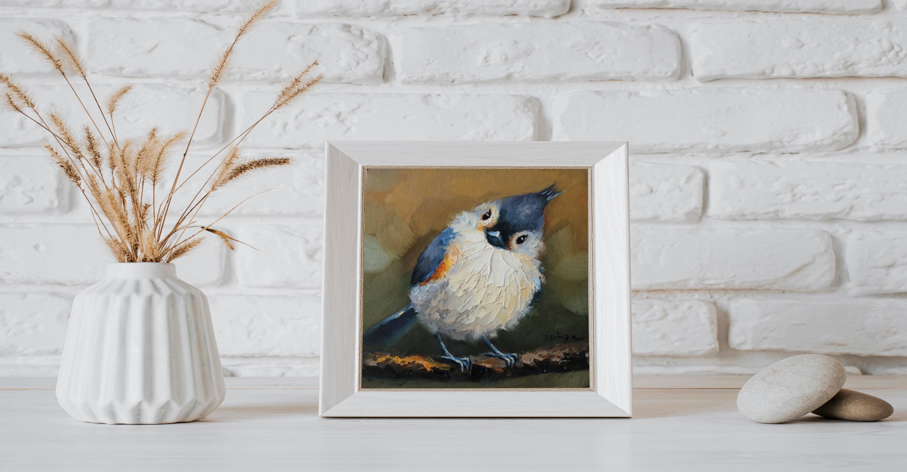Original Custom Tufted Titmouse Bird Oil Painting by Daiga Dimza Bright ...