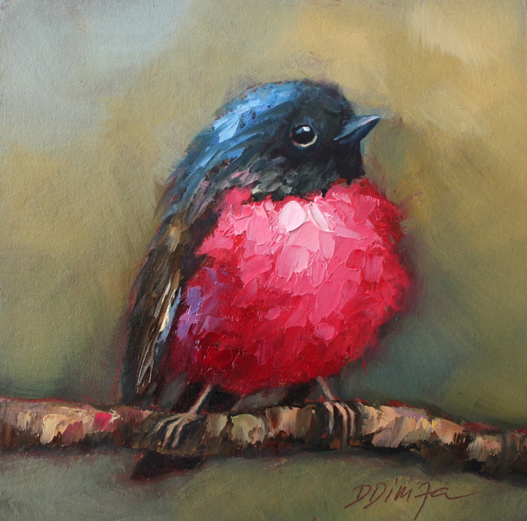 Pink Robin Oil Original CUSTOM Painting on Cardboard Texture Art by ...