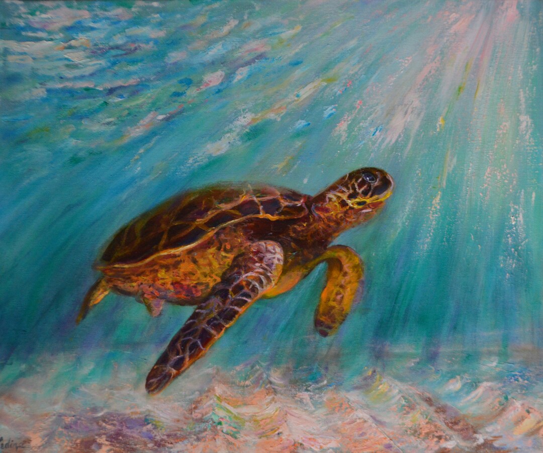 Colorful Sea Turtle Oil Painting on Canvas Nautical Wall Art, Ocean ...