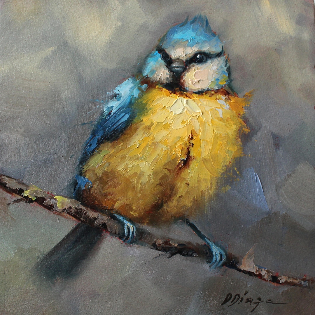 Blue Tit Bird Oil Original Painting on Cardboard Texture Art by Daiga ...