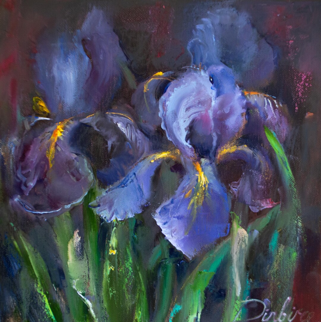 Iris Flowers Original Painting Oil Canvas Dark Texture Floral Wall ...