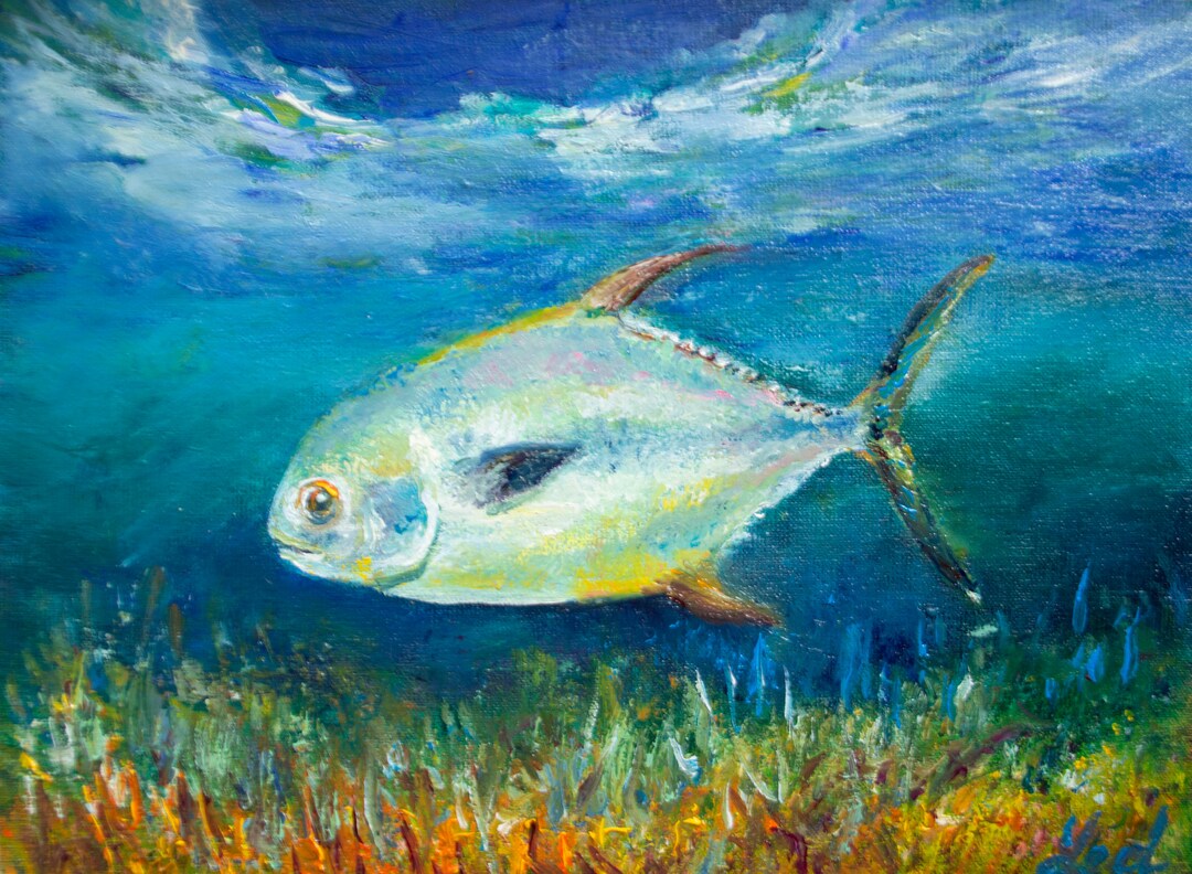 Permit Fish Painting Original Oil Canvas on Cardboard Mini Texture ...