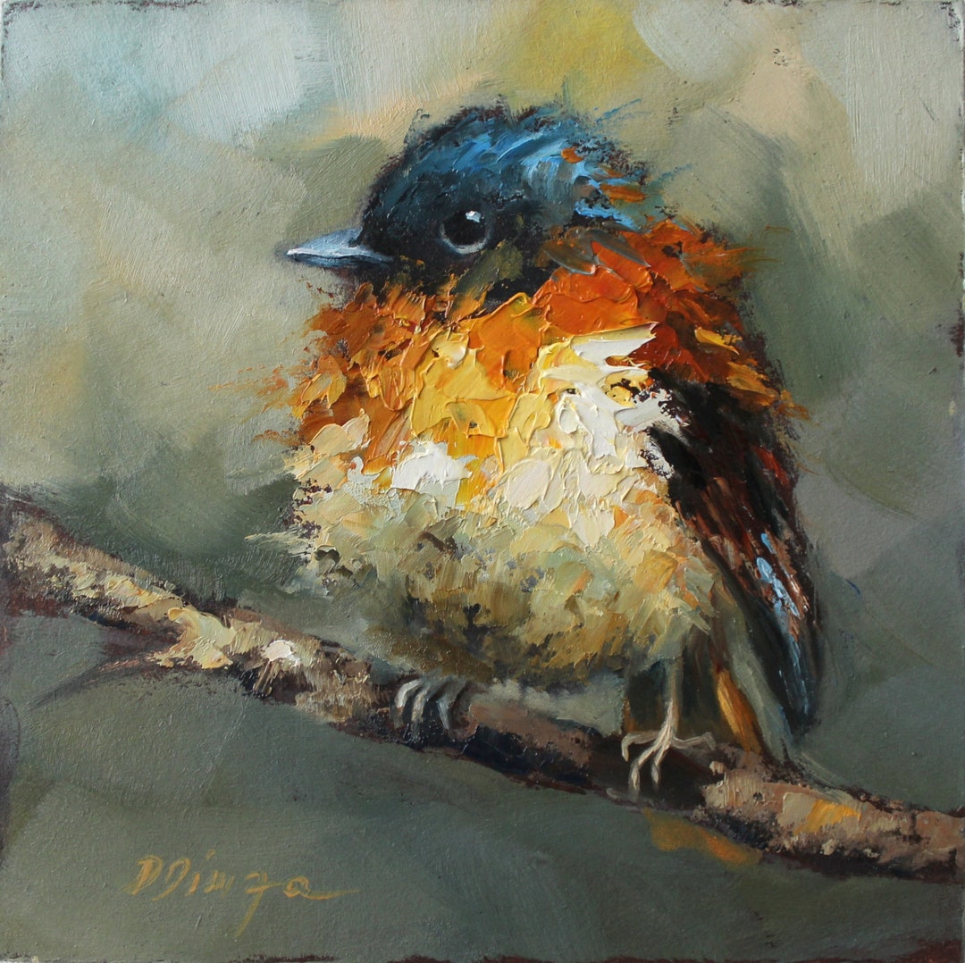 Original CUSTOM Orange Black Flycatcher Bird Oil Painting by Daiga ...