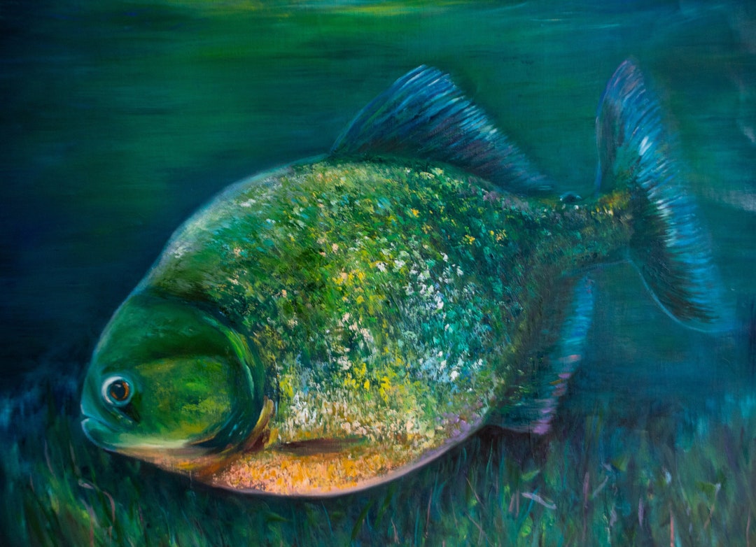 Extra Large Fish Painting Canvas Oil Texture Underwater Green Piranha ...