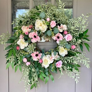 Pink Floral Wreath With Succulents, Spring Summer Eucalyptus and Fern ...