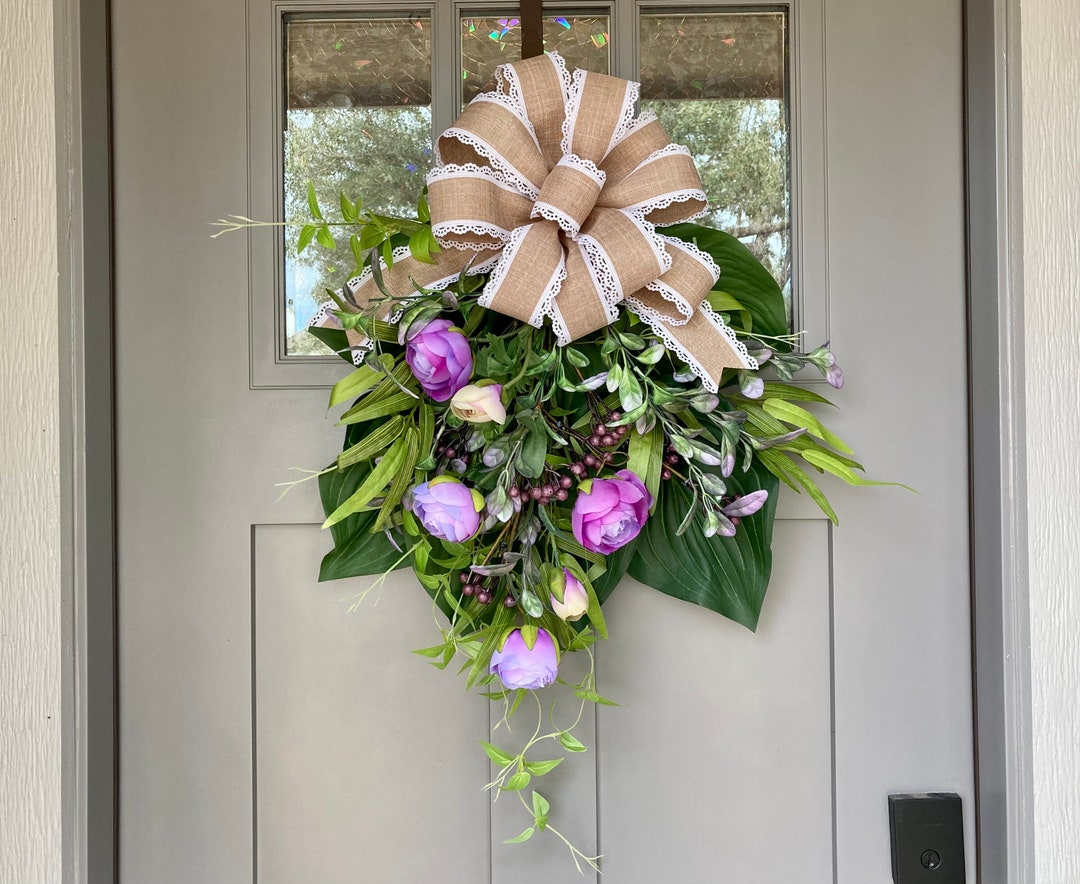 Purple Floral Spring Wreath for Front Door, Vertical Teardrop Greenery ...