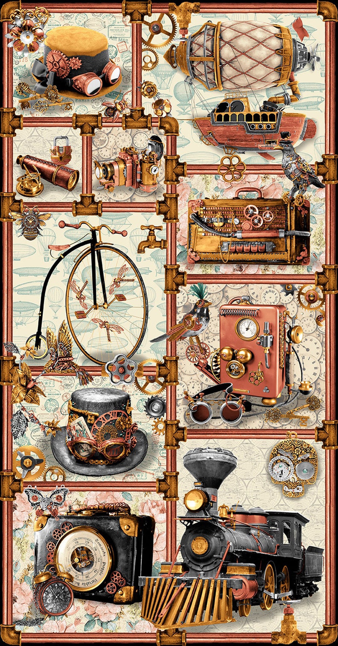 STEAMPUNK ~ TIME TRAVEL ~ Panel 24x43 ~ Train, Airship, Hummingbird ...