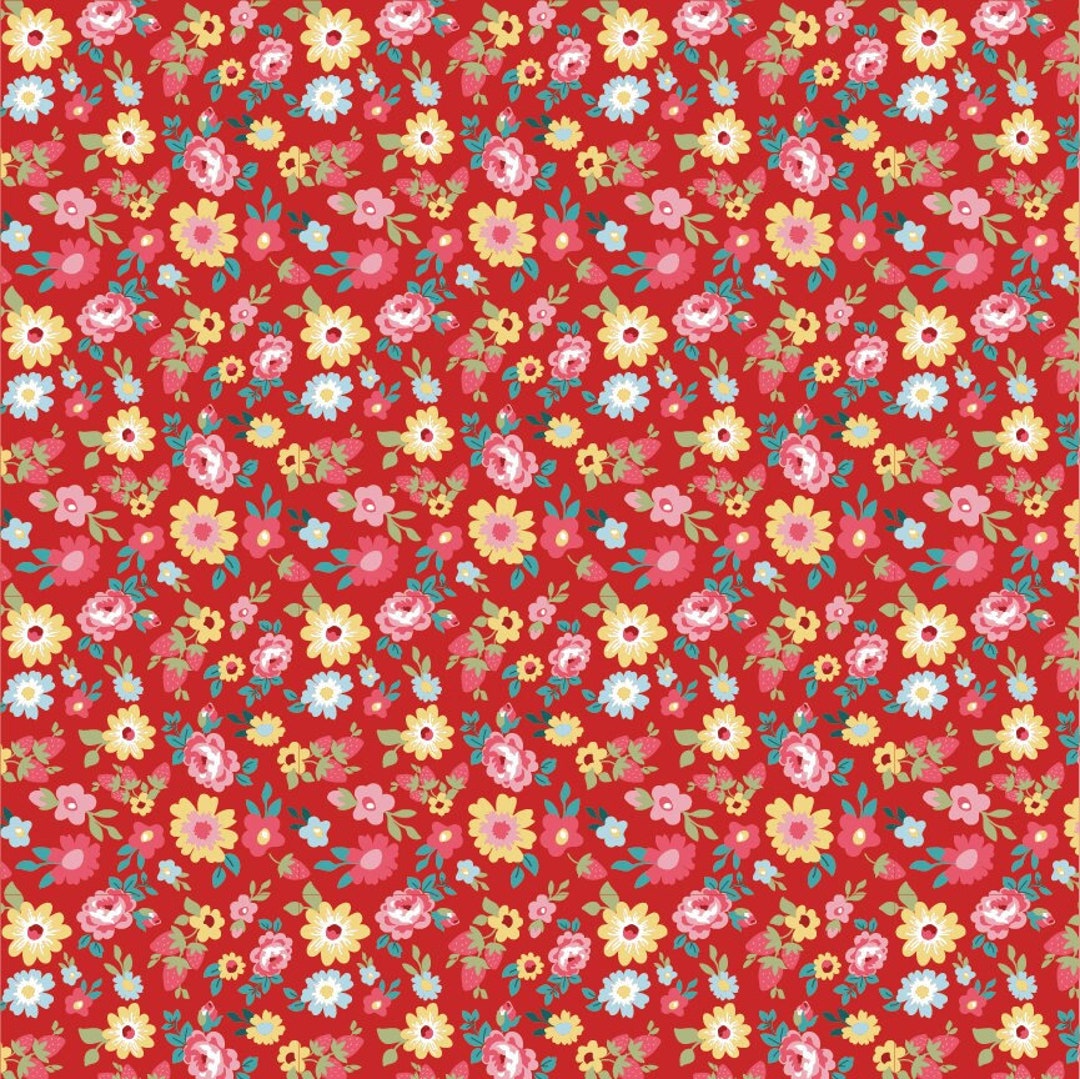 HOPSCOTCH and FRECKLES ~ Pink Blue Yellow FLOWERS on Red ~ Poppie ...