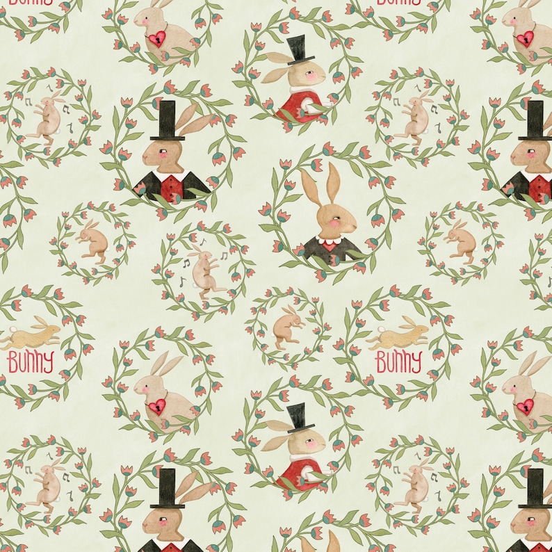 HOP HOP HOORAY ~ Rabbits Bunny Hare Wreaths on Flax Background ~ Riley ...
