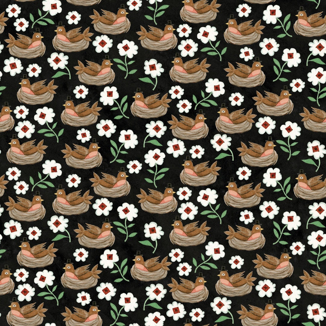 HOP HOP HOORAY ~ Birds in Nest and Flowers on Black Background ~ Riley ...