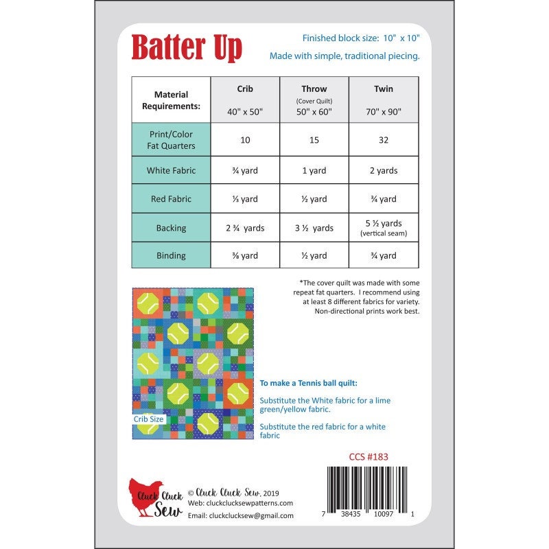 BATTER UP Quilt Pattern ~ BASEBALL or Tennis ~ by Cluck Cluck ~ Makes 3 ...