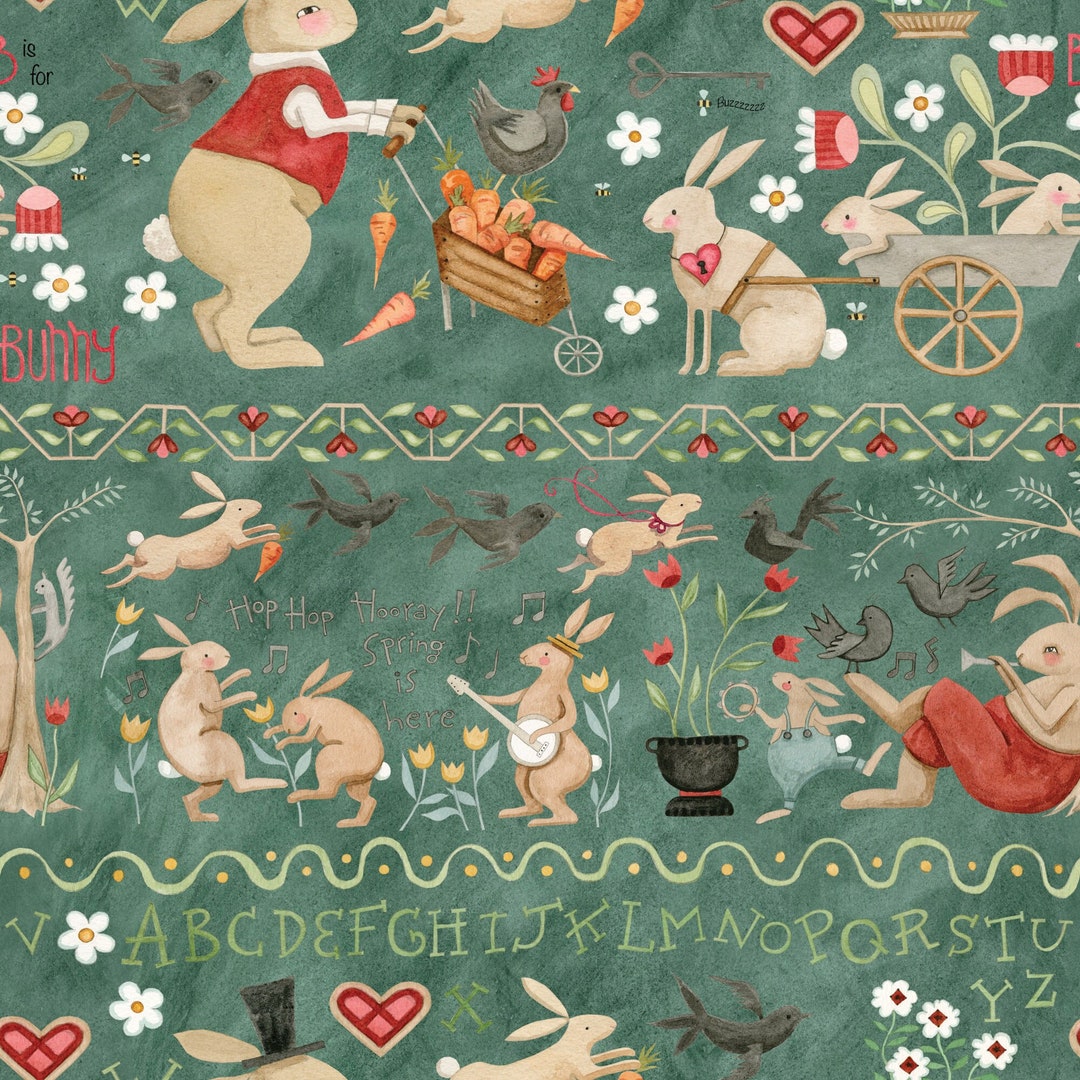 HOP HOP HOORAY ~ Rabbits Bunny Hare Hearts Birds Teal Green Border ...