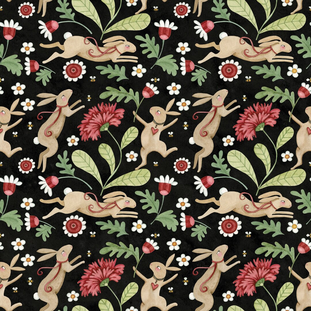 HOP HOP HOORAY Rabbits Bunny Hare Flowers on Black Background Riley ...