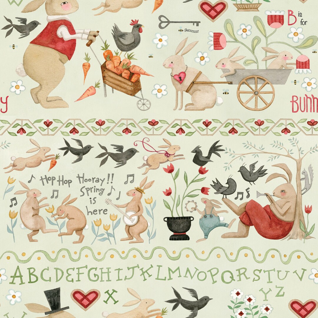 HOP HOP HOORAY ~ Rabbits Bunny Hare Hearts Birds Cream Border Stripe ...
