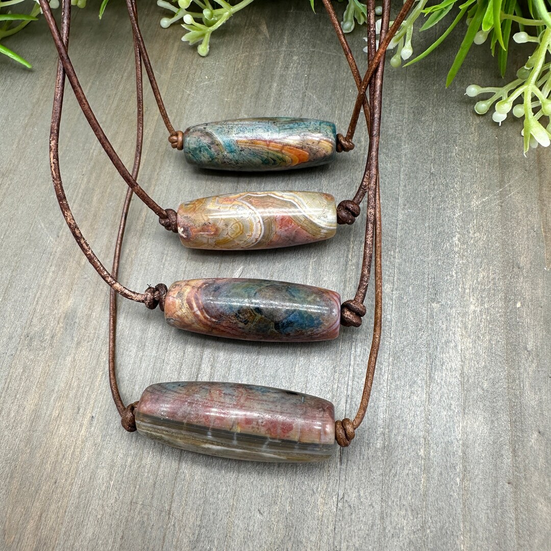 Aqua Terra Agate Stone Pendant on 20 Inch Knotted Brown Genuine Leather ...