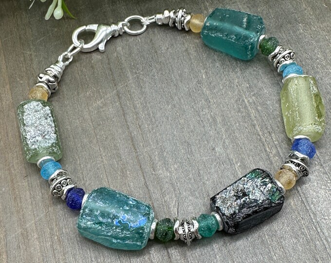 Genuine Ancient Roman Glass Blue Green Teal Rectangular Bold Bead ...