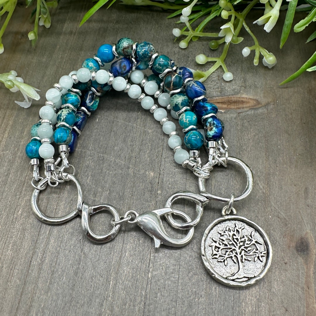 Genuine Blue Teal Imperial Jasper and Green Moonstone Silver Finish ...