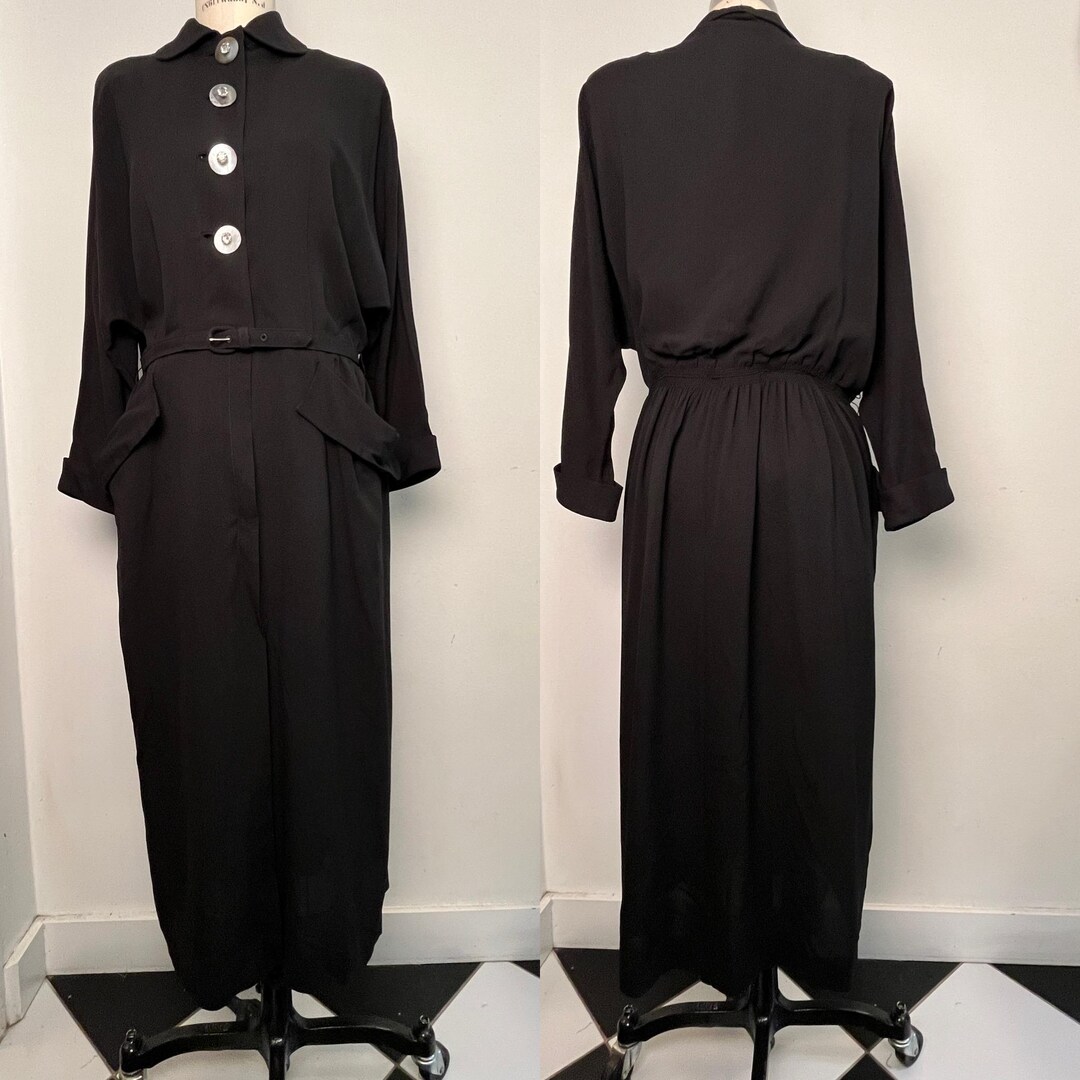 Sz. L 1950's Black Belted Dress With Large Buttons - Etsy