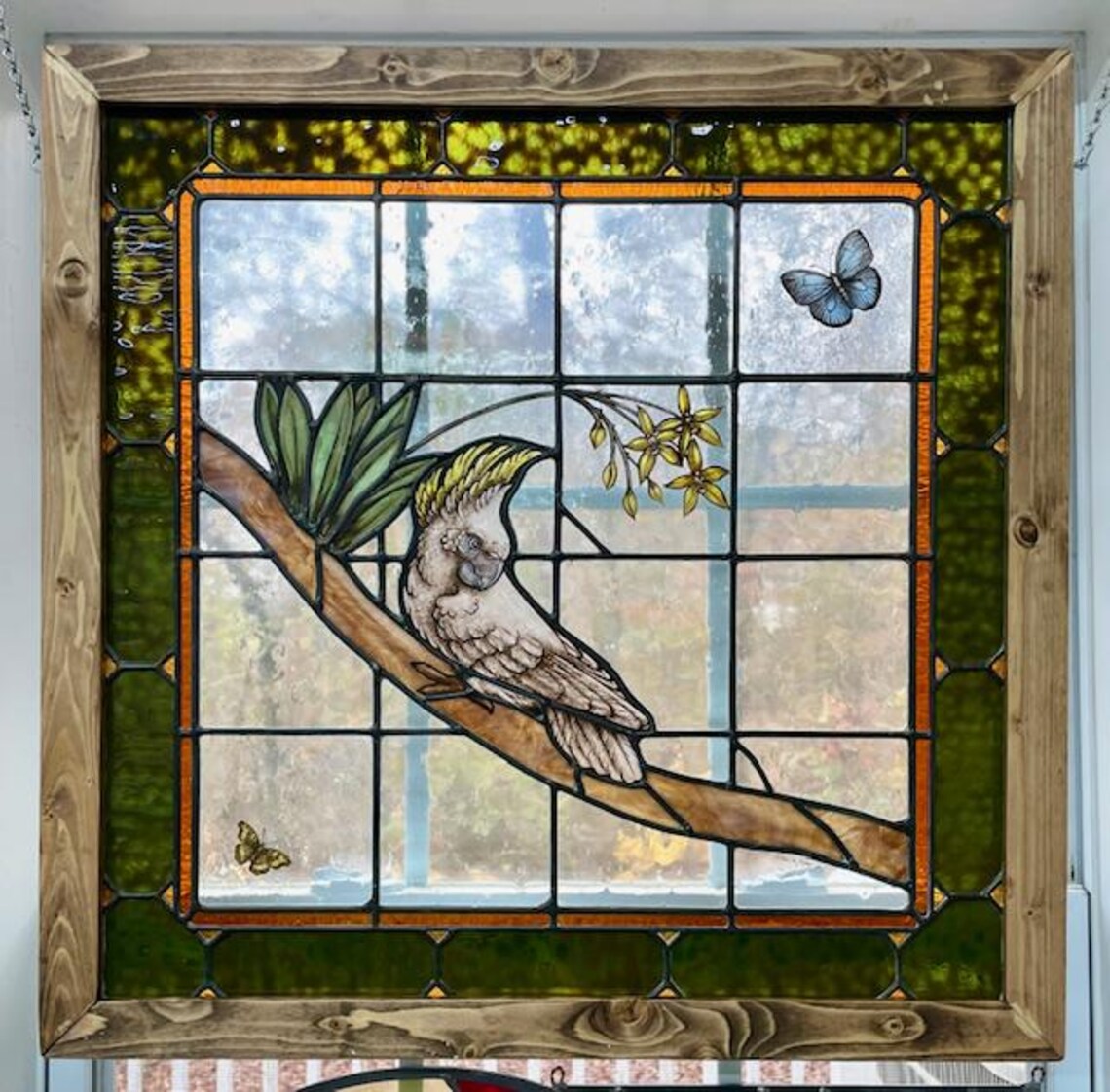 White Cockatoo With Clear Glass and Wooden Frame | Stained Glass Art ...