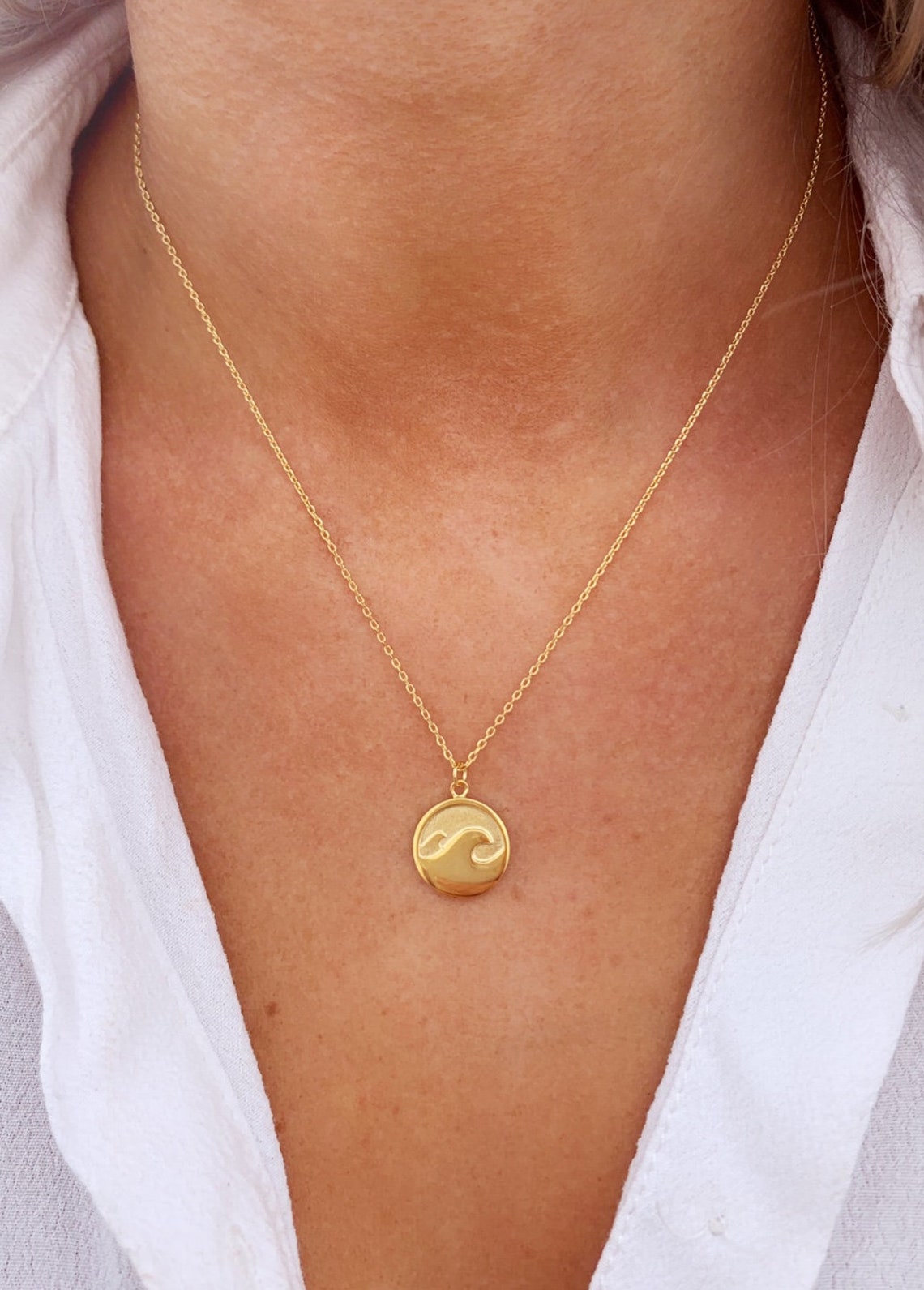18k Gold Plated Wave Coin Pendant Necklace Available in Gold | Etsy