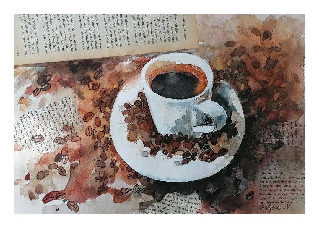 Coffee Painting Cup of Coffee Original Watercolor Painting Coffee Beans ...