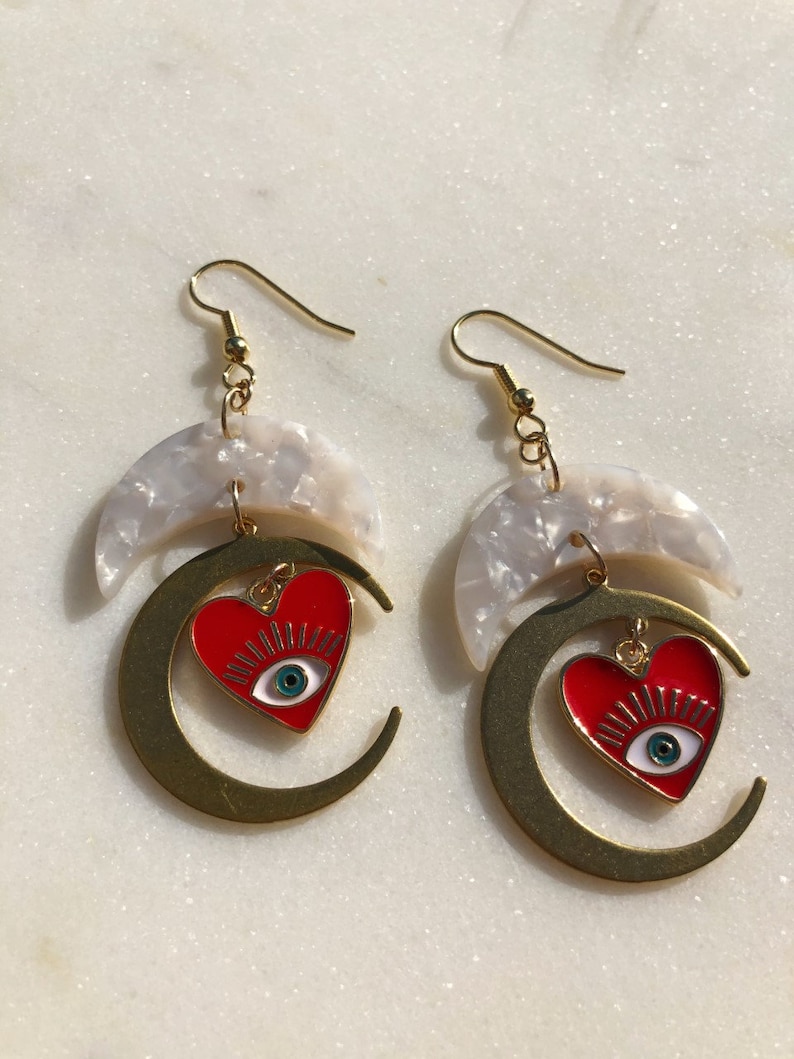 Acetate Half Moon Evil Eye Heart and Brass Moon Dangle - Etsy