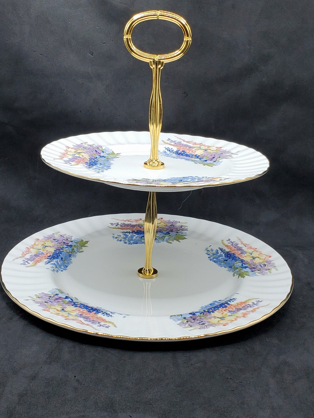 Vintage Elizabeth Berry Floral Pattern Two Tier Tidbit Tray With Brass ...
