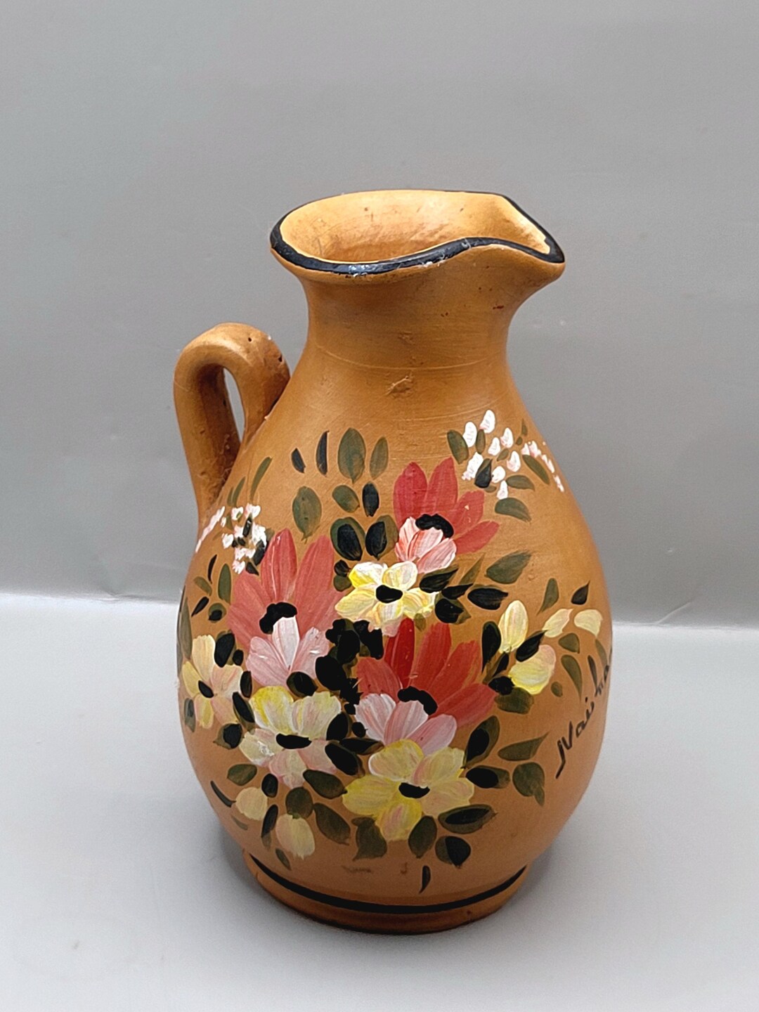 Vintage Redware Clay Decorated Pitcher W/handle Hand Painted Folk Art 6 ...