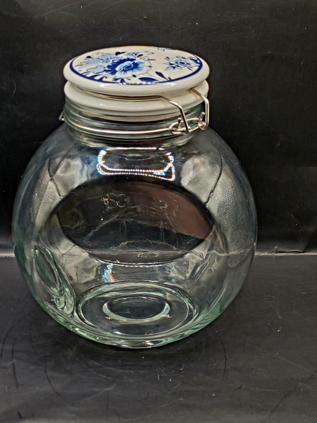 Vintage Clear Glass Canister Jar With Hinged Ceramic Lid Blue White ...