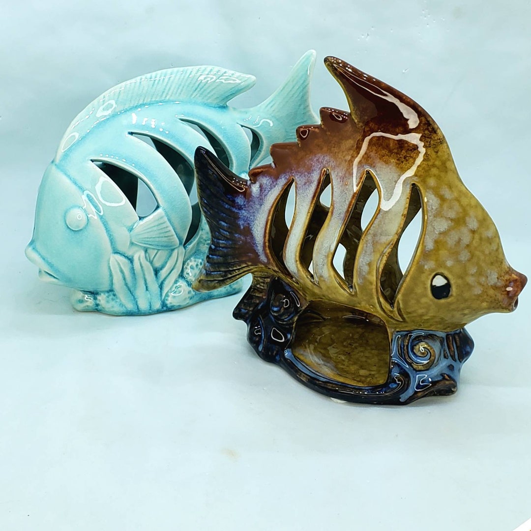 Vintage Fish Decor Candle Holder Set of 2 Ceramic Angelfish Tropical ...